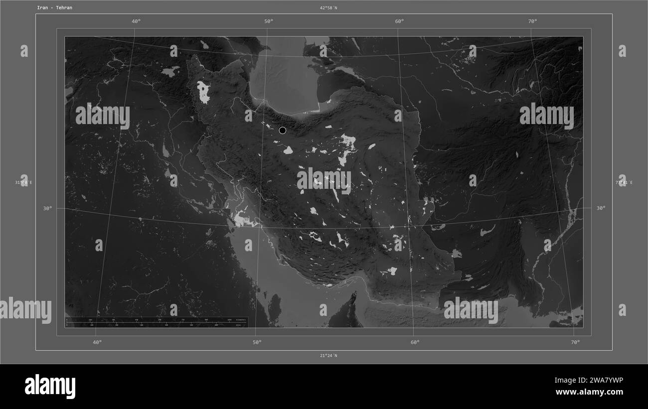 Iran highlighted on a Grayscale elevation map with lakes and rivers map ...