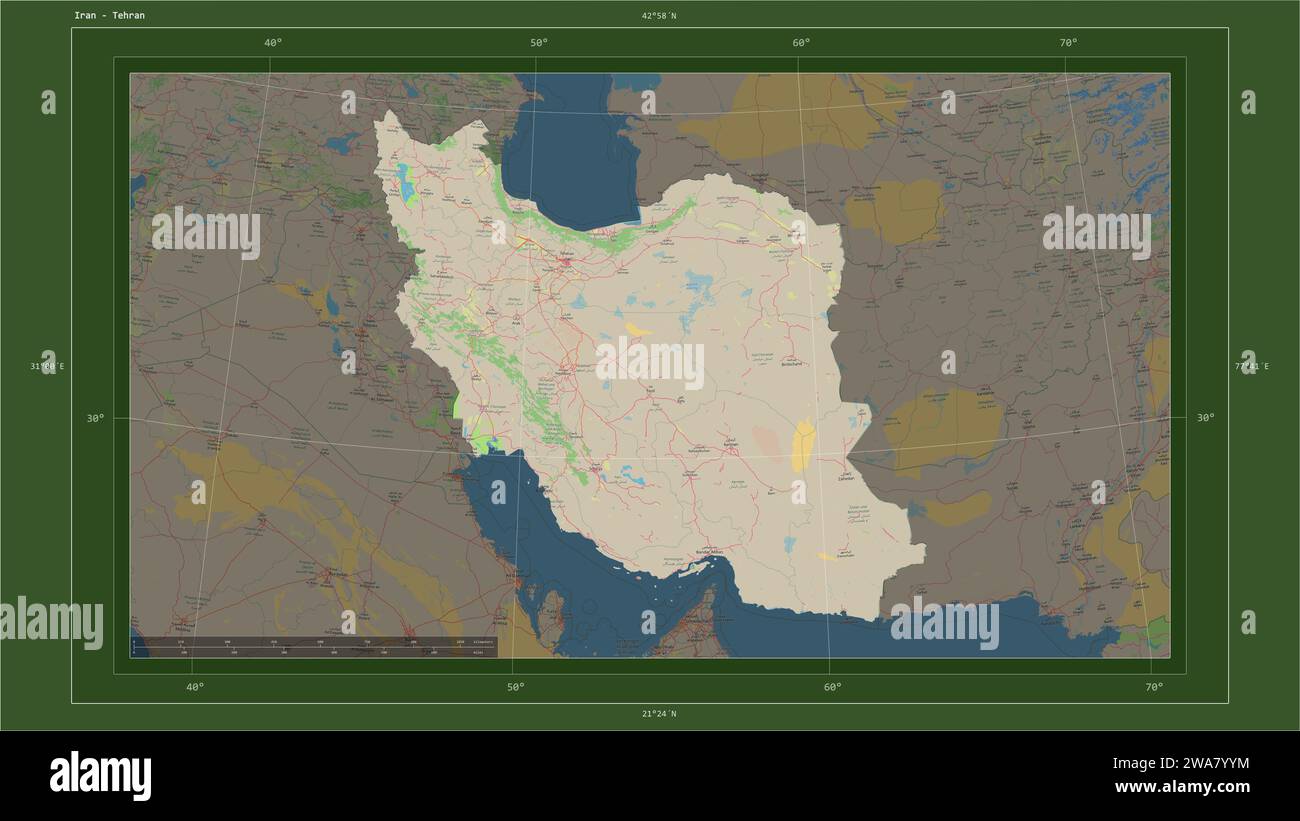 Iran highlighted on a topographic, OSM Germany style map map with the ...