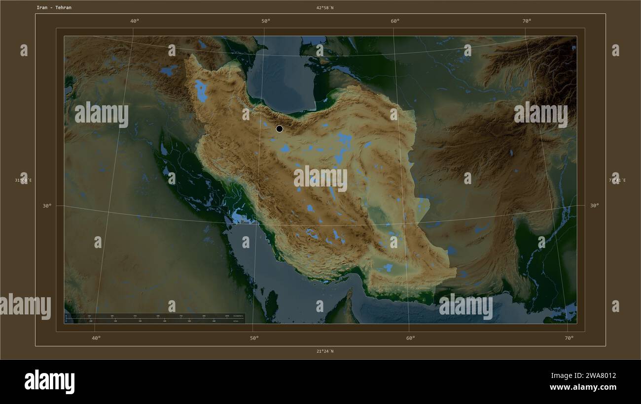 Iran highlighted on a Colored elevation map with lakes and rivers map ...