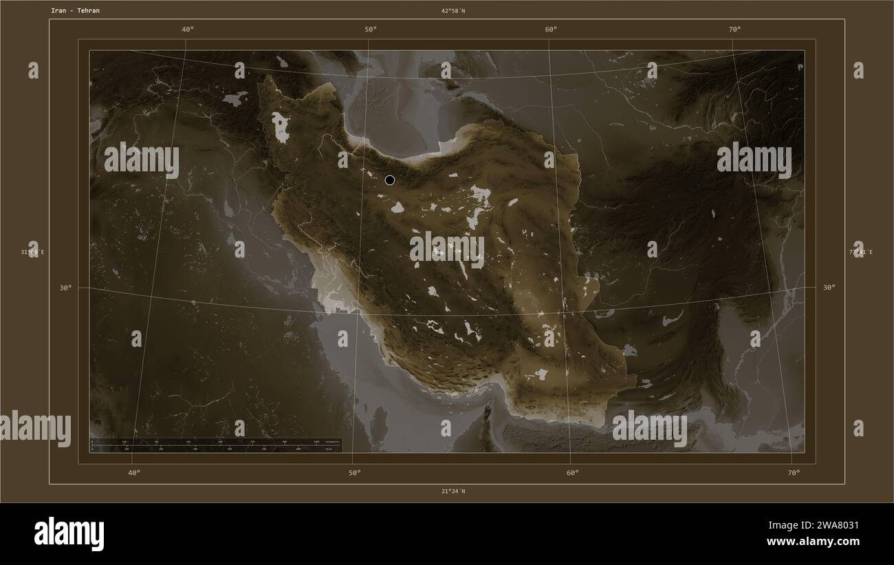 Iran highlighted on a elevation map colored in sepia tones with lakes ...