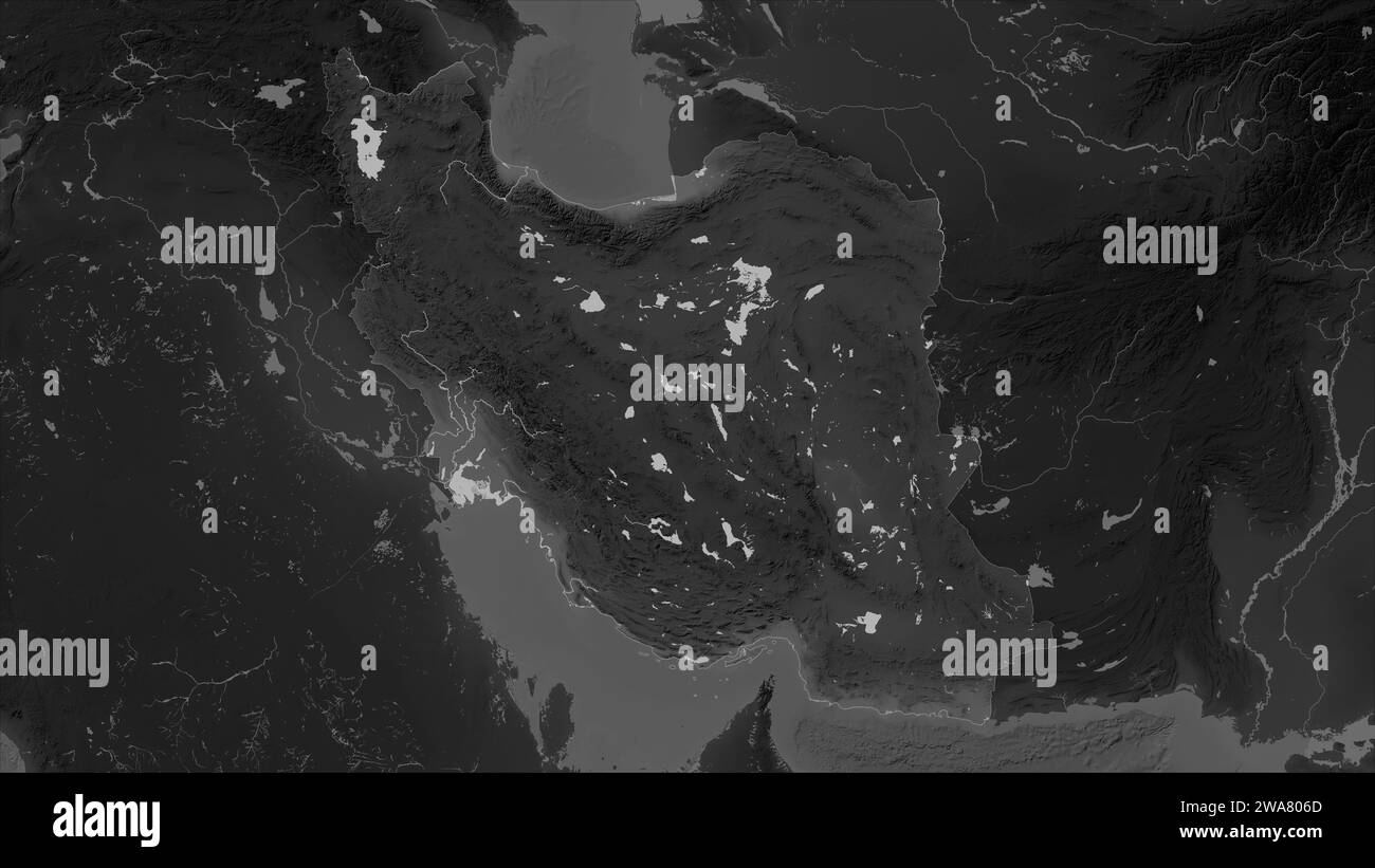 Iran highlighted on a Grayscale elevation map with lakes and rivers ...