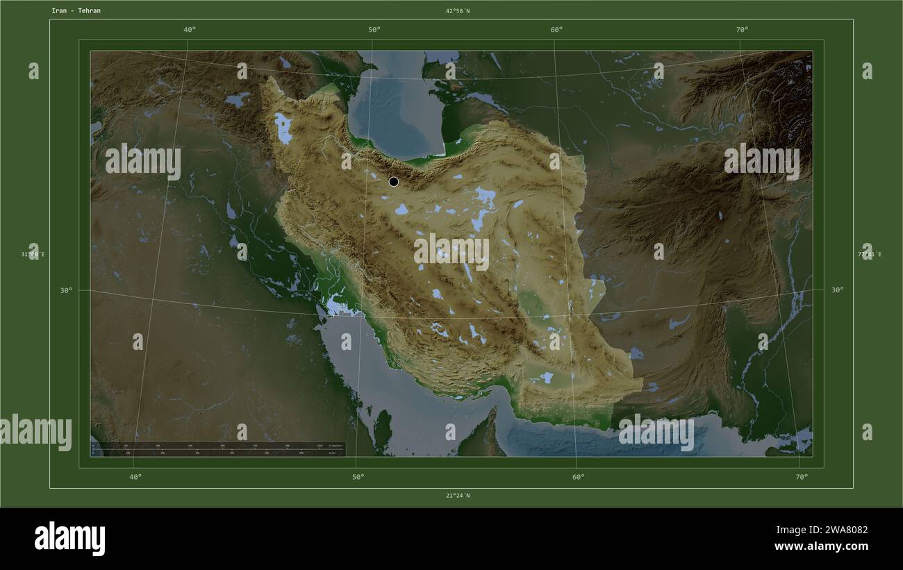 Iran highlighted on a Pale colored elevation map with lakes and rivers ...