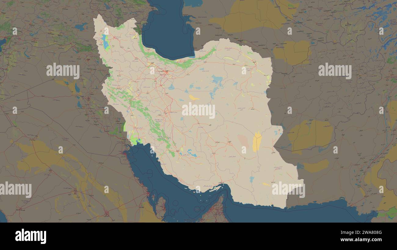 Iran highlighted on a topographic, OSM standard style map Stock Photo ...