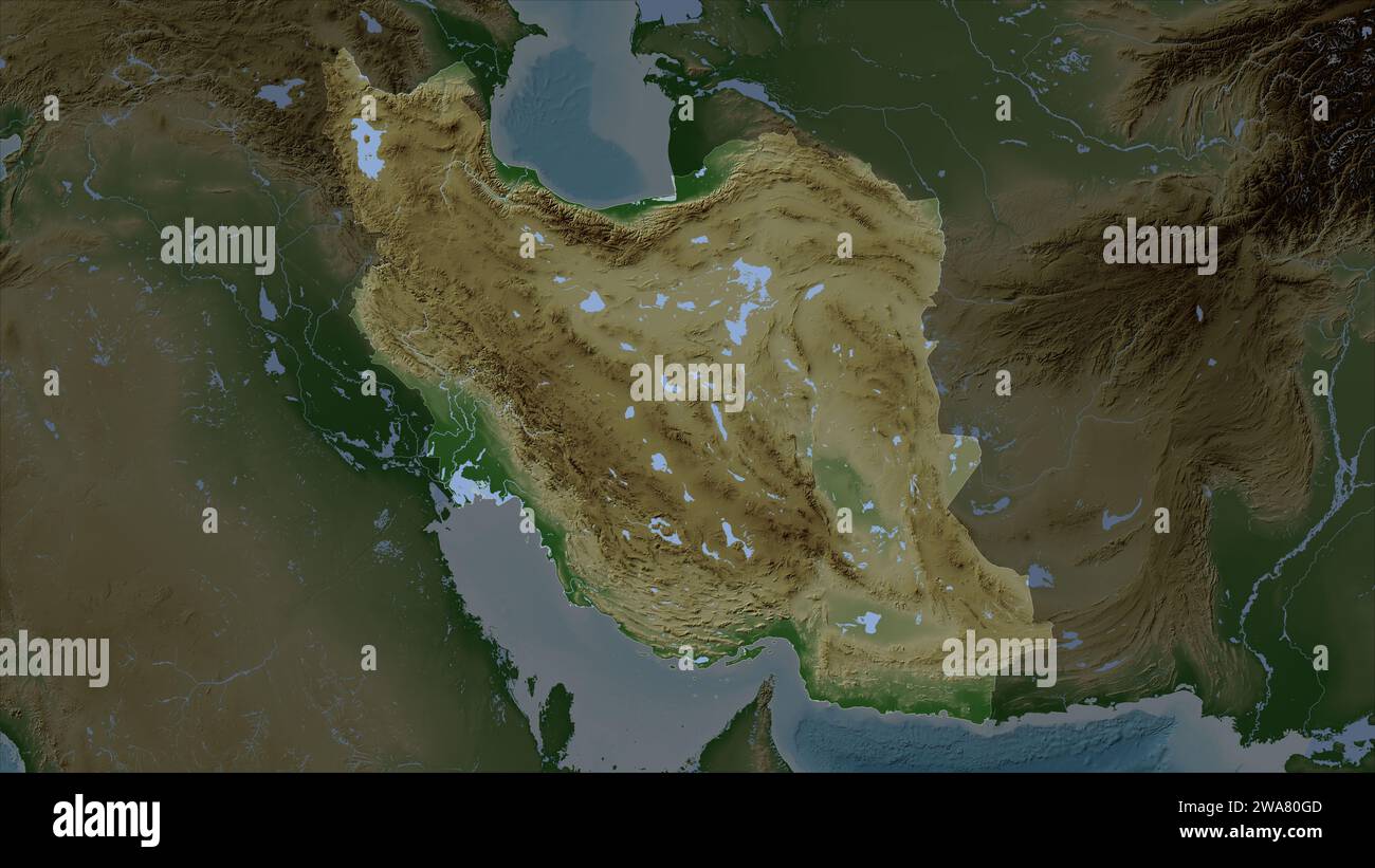 Iran highlighted on a Pale colored elevation map with lakes and rivers ...