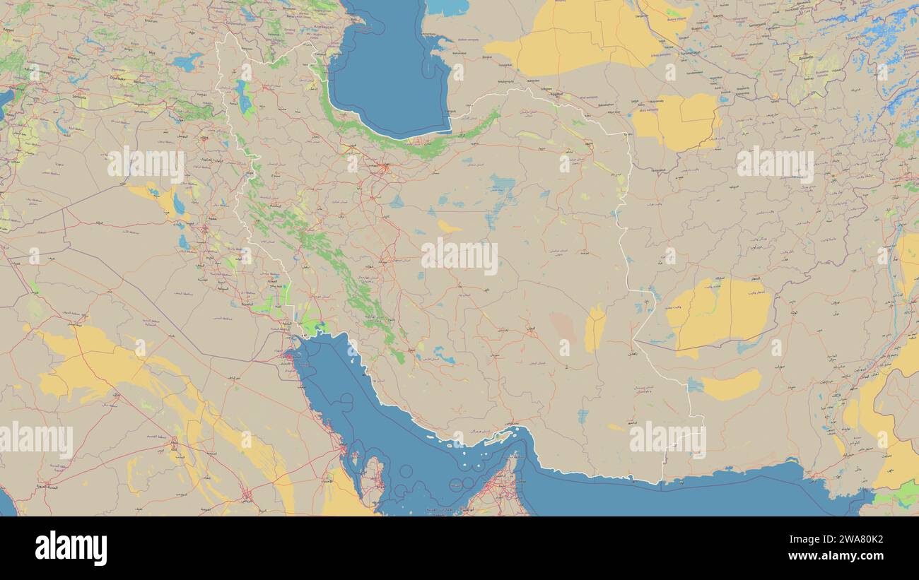 Iran outlined on a topographic, OSM standard style map Stock Photo - Alamy