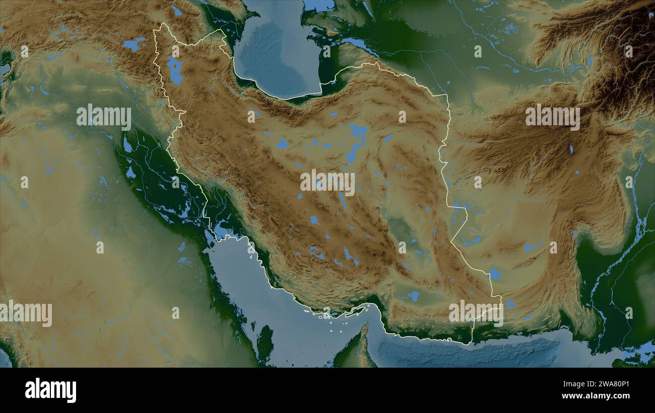 Iran outlined on a Colored elevation map with lakes and rivers Stock ...