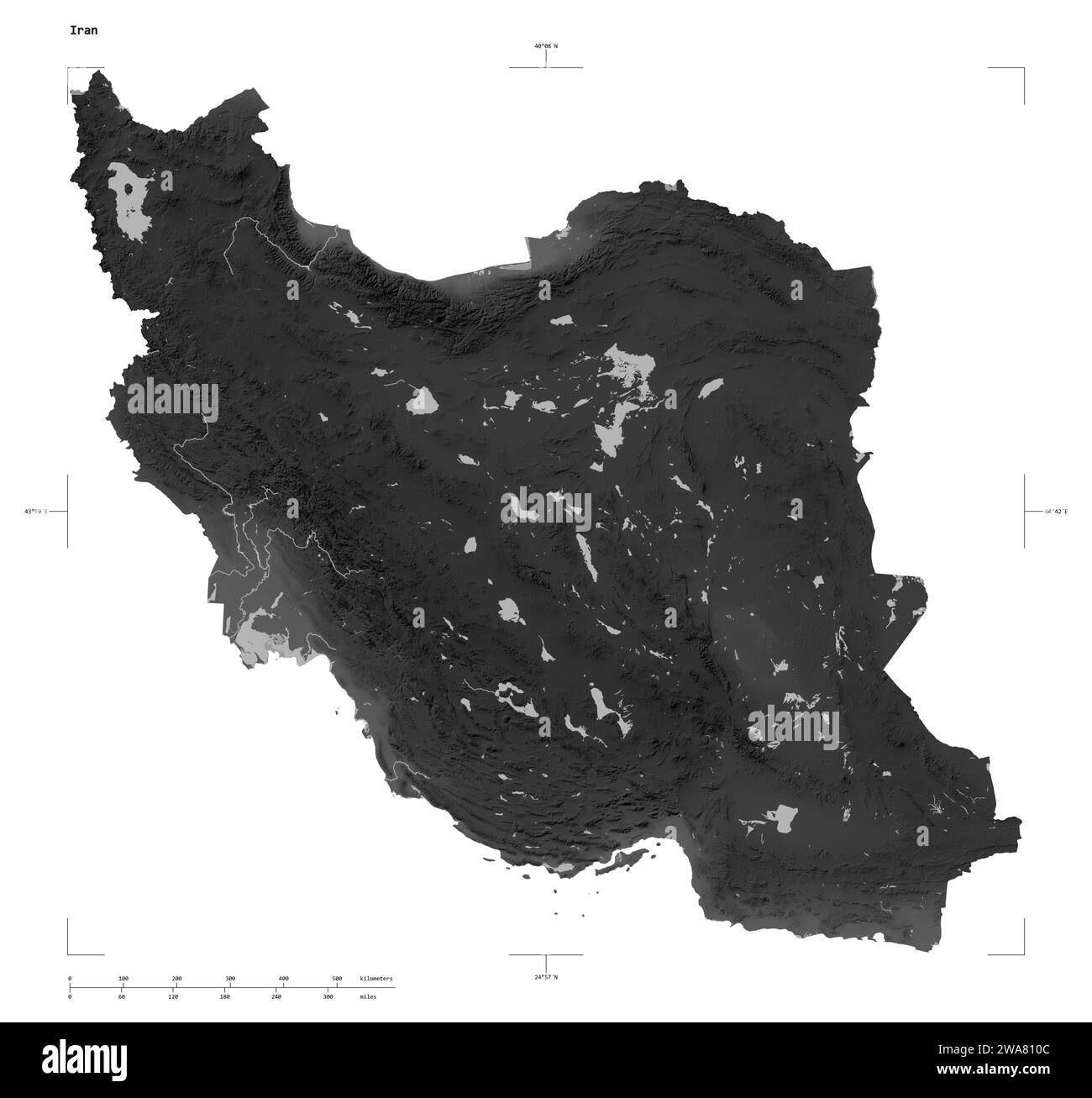 Shape of a Grayscale elevation map with lakes and rivers of the Iran ...