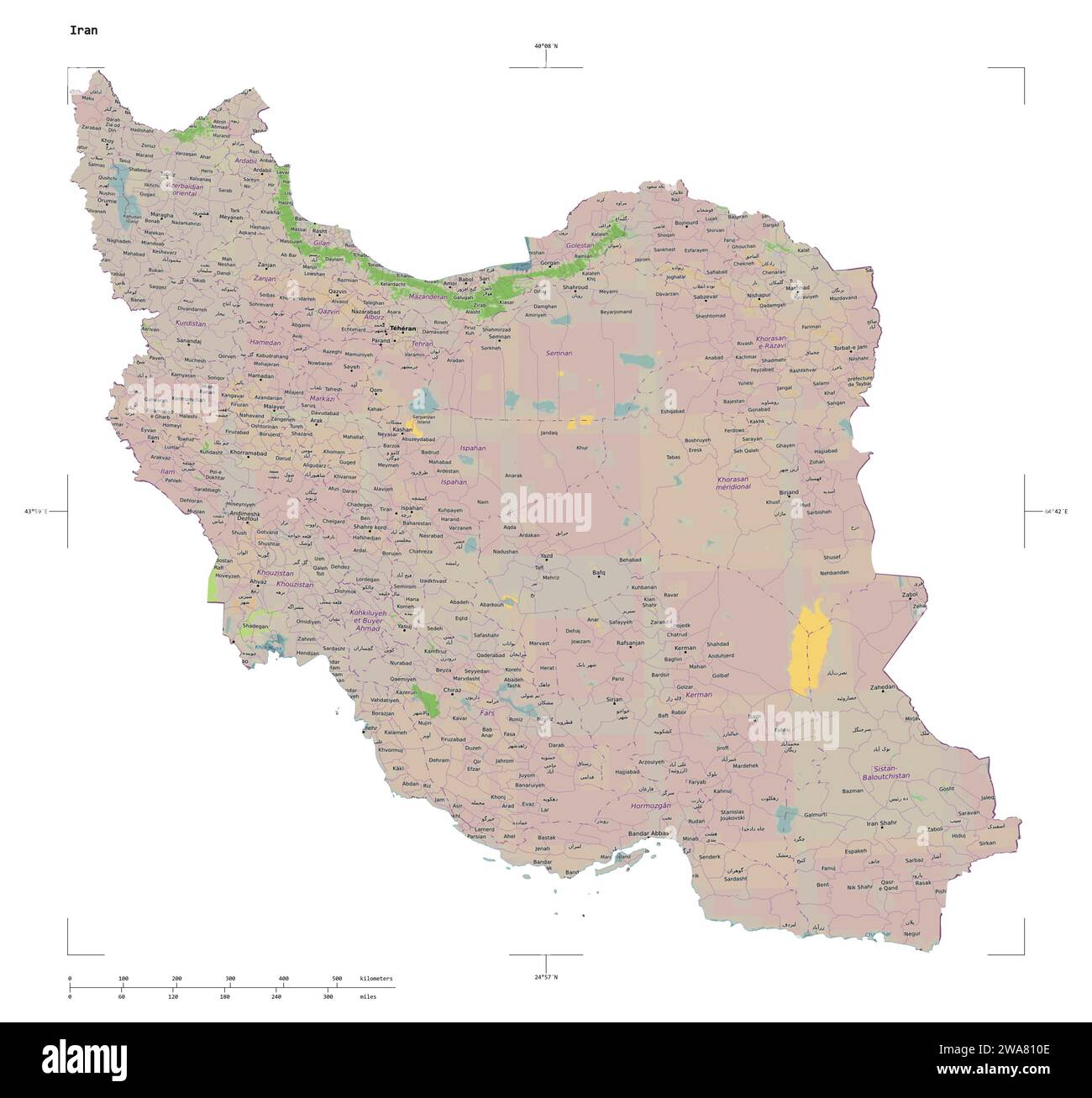 Shape of a topographic, OSM France style map of the Iran, with distance ...