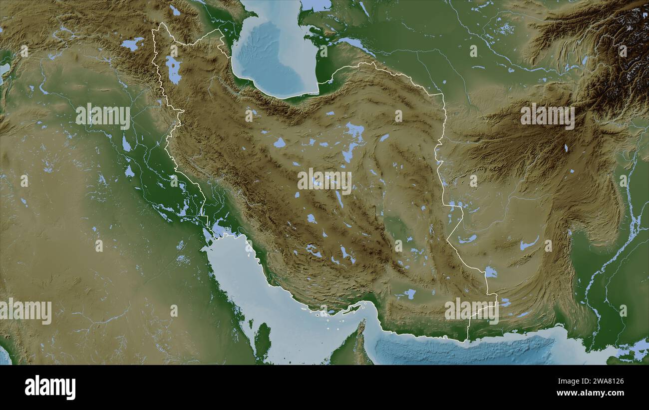 Iran outlined on a Pale colored elevation map with lakes and rivers ...