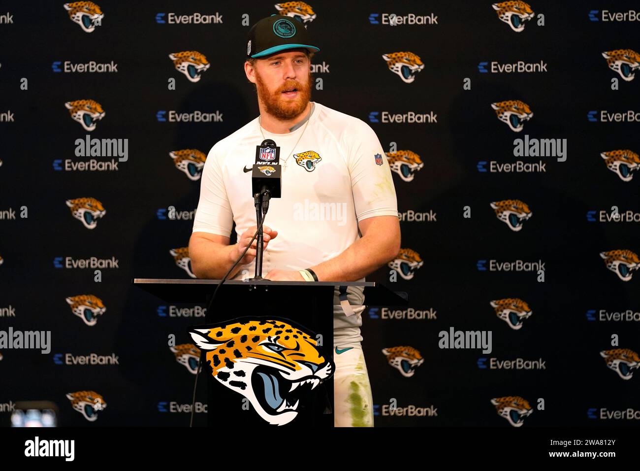 Jacksonville Jaguars quarterback C.J. Beathard answers questions at a ...