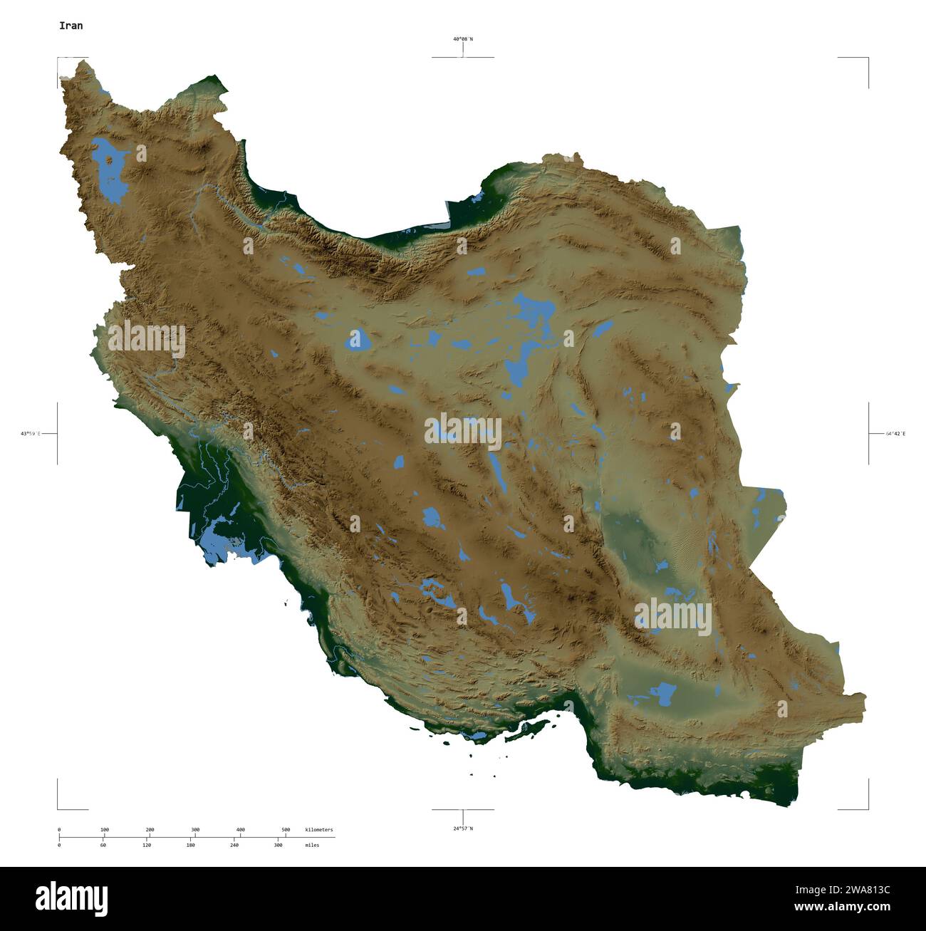 Shape of a Colored elevation map with lakes and rivers of the Iran ...