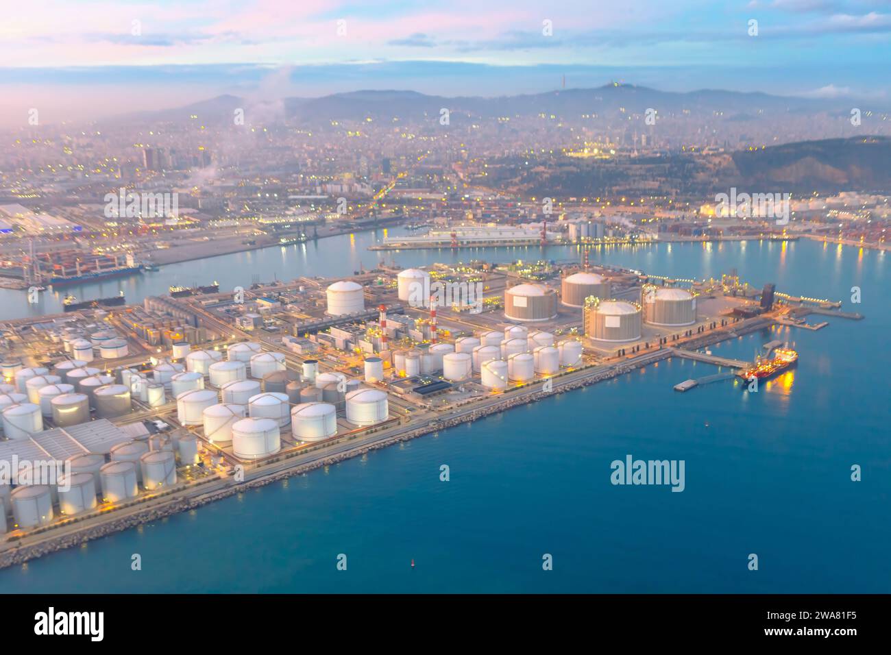 Aerial view of industrial port in Barcelona . Oil refinery in the ...