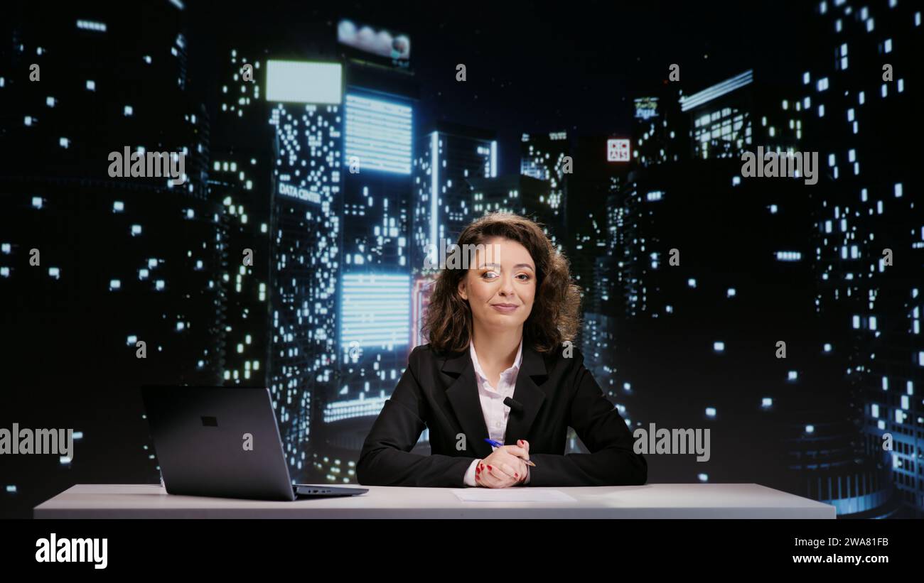 Journalist hosting live night show in newsroom, covering all ...