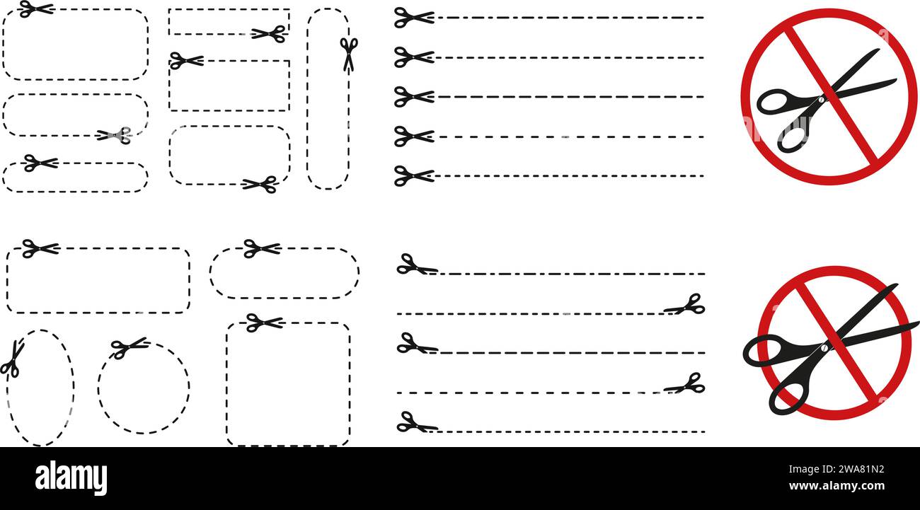 Set of cut here icons. Scissors pictograms with dotted lines and square ...