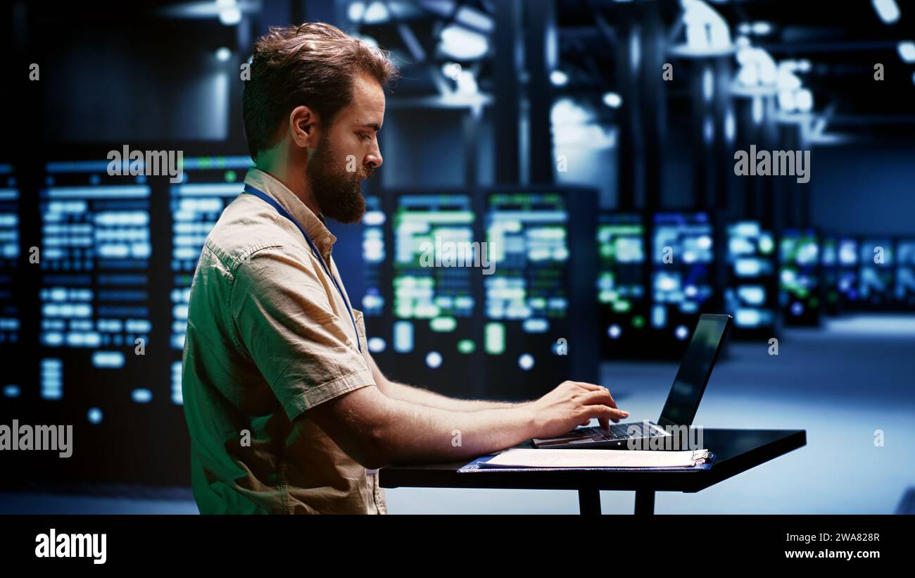 Computer scientist typing cloud computing service business disaster ...