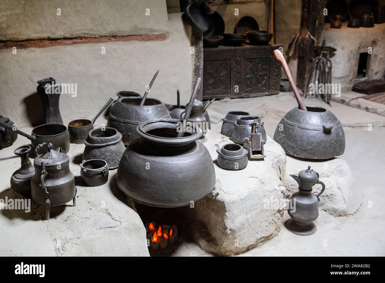 29 September 2023, Karimabad, Pakistan. Fort Baltit kitchen inside ...