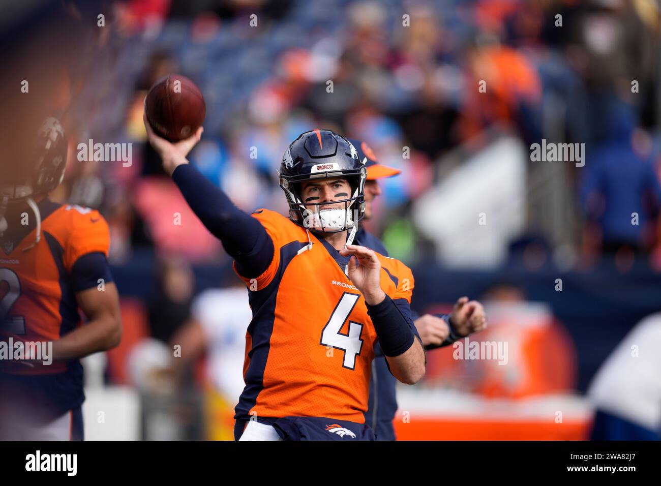 Denver Broncos quarterback Jarrett Stidham (4) before an NFL football game in Empower Field at ...