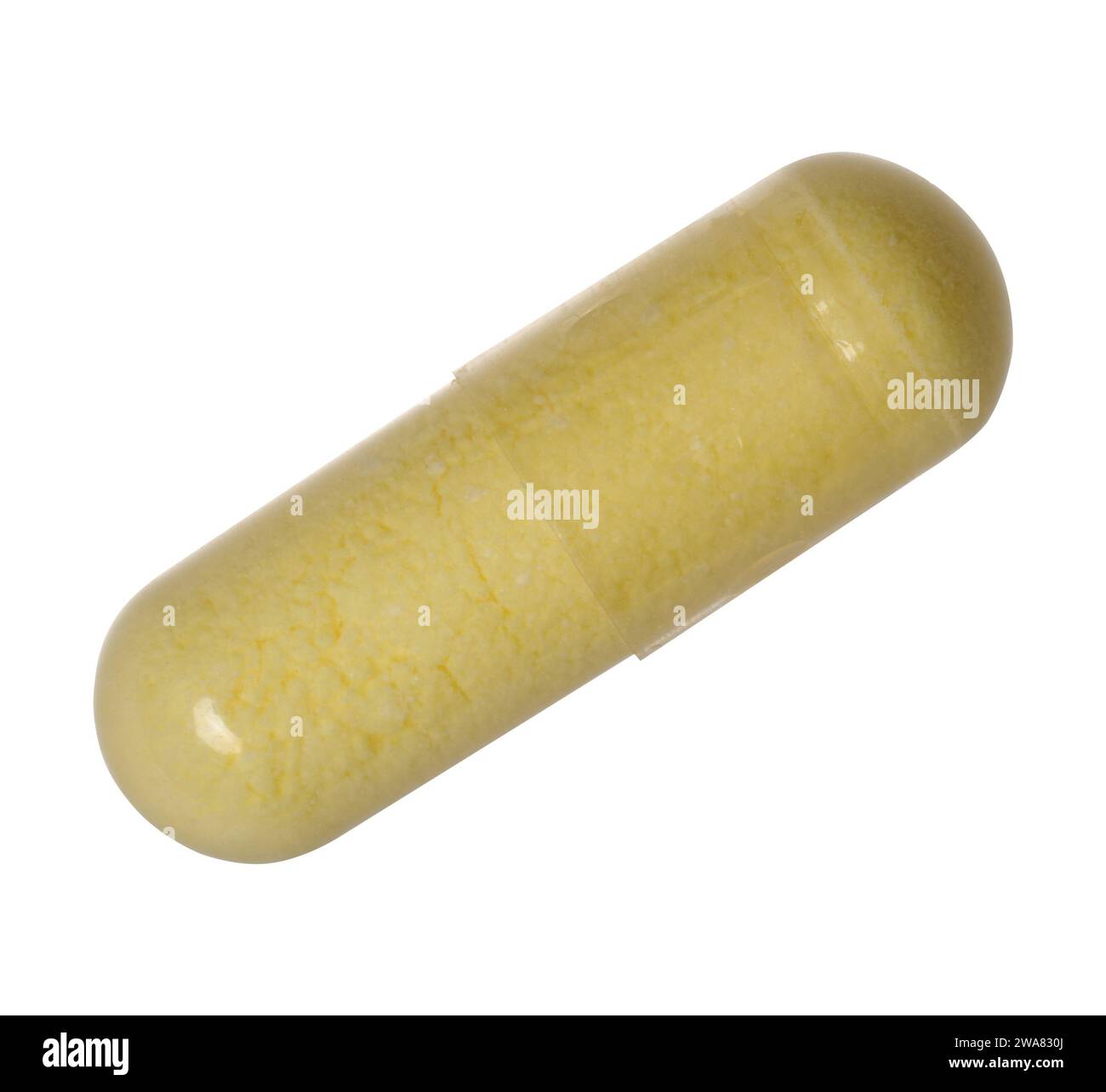 Transparent capsule with yellow powder on isolated background, medical ...