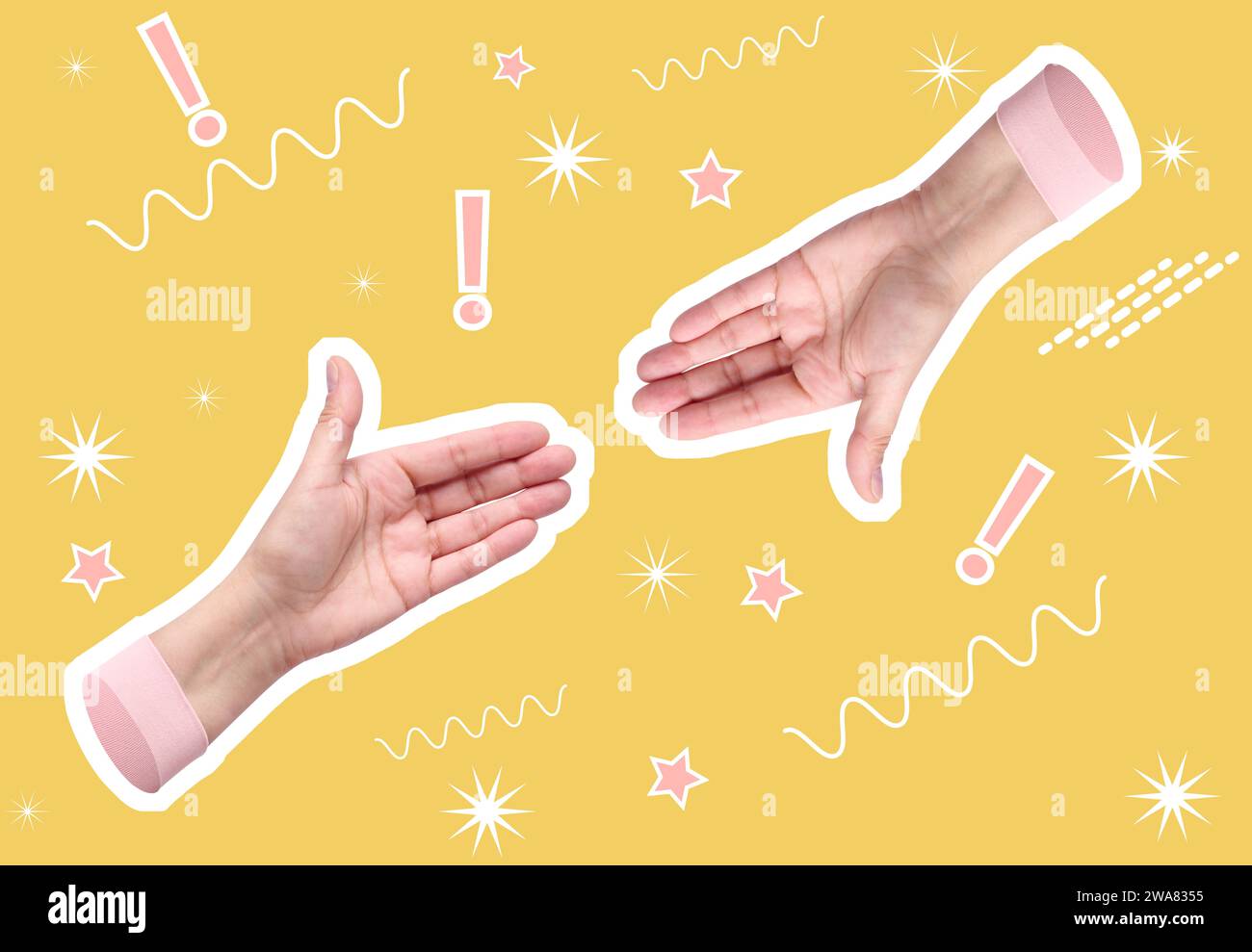 Woman's hand reaching out with open palm, yellow background Stock Photo ...