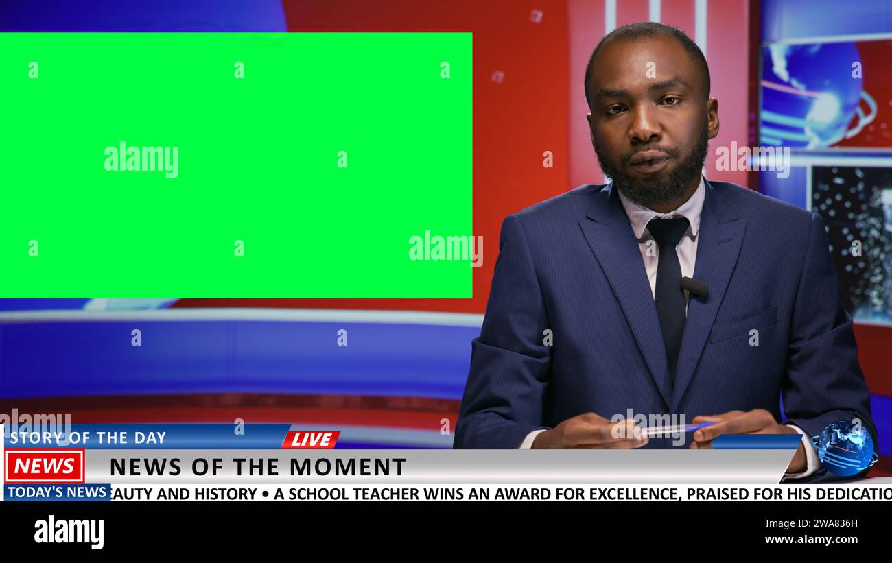 Newscaster does report with greenscreen on live tv program, presenting ...