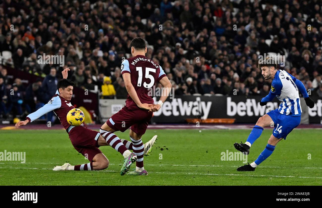 London, UK. 2nd Jan, 2024. Adam Lallana (Brighton) has a shot during ...