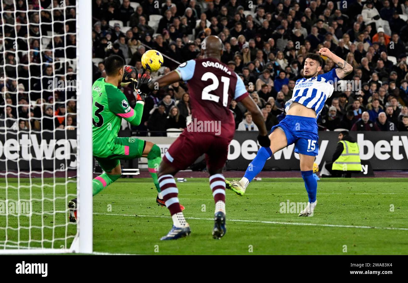 London, UK. 2nd Jan, 2024. Jakub Moder (Brighton) puts his shot over ...