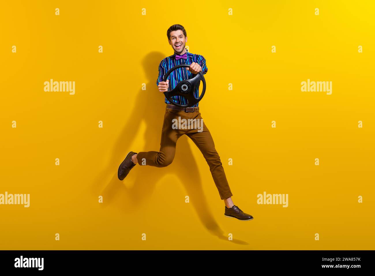 Full body photo of impressed ecstatic man wear bow tie stylish shirt ...