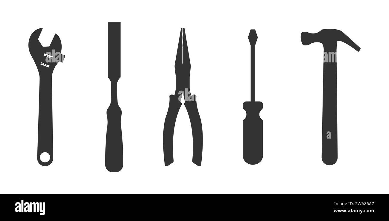 Set of different handyman tools. Adjustable wrench, chisel, pliers ...