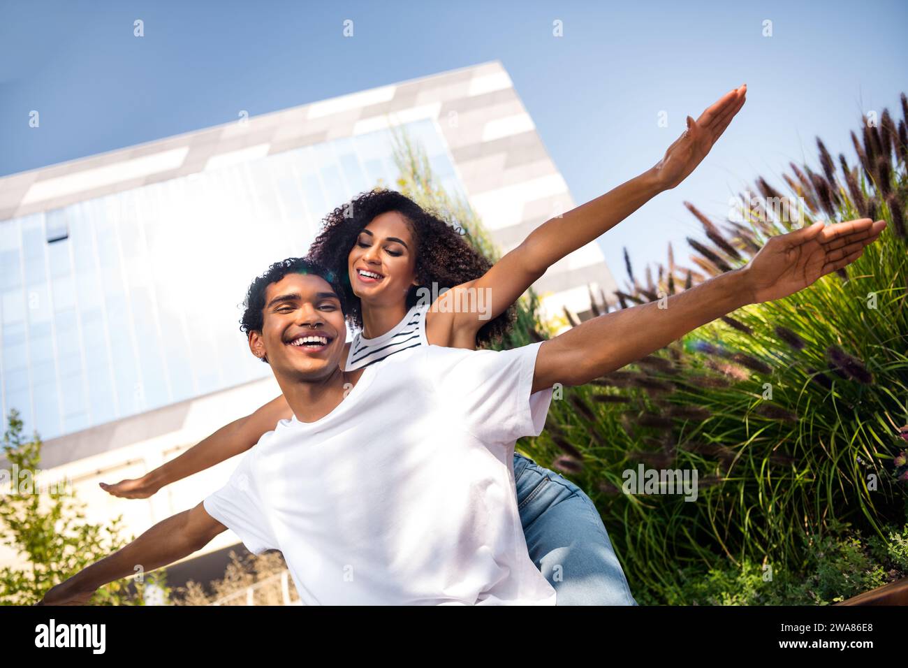 Photo of positive bonding carefree people traveling together flying air ...