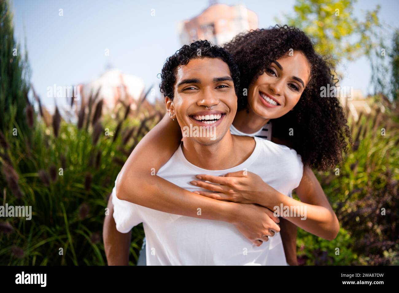 Photo of cheerful positive wife and husband have fun together exotic ...