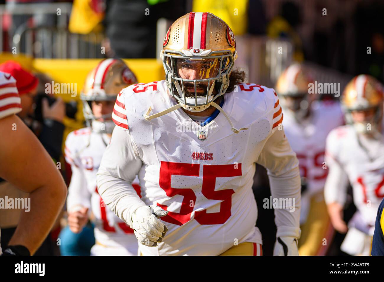 Landover, MD, USA. 31st Dec, 2023. San Francisco 49ers guard Jon Feliciano (55) takes the field ...