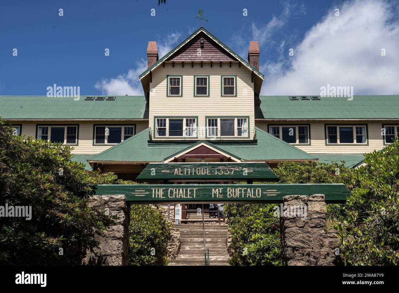 Mount Buffalo Chalet, Victoria, Australia. Built in 1910 the Chalet is ...