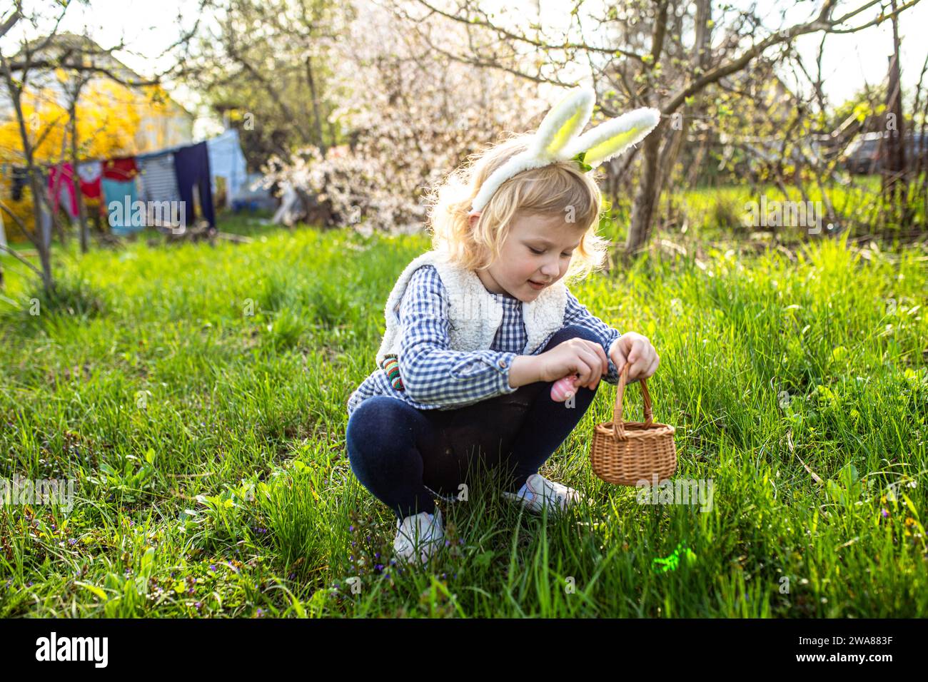 Small girl wearing Bunny ears find and pick up egg on Easter egg hunt ...