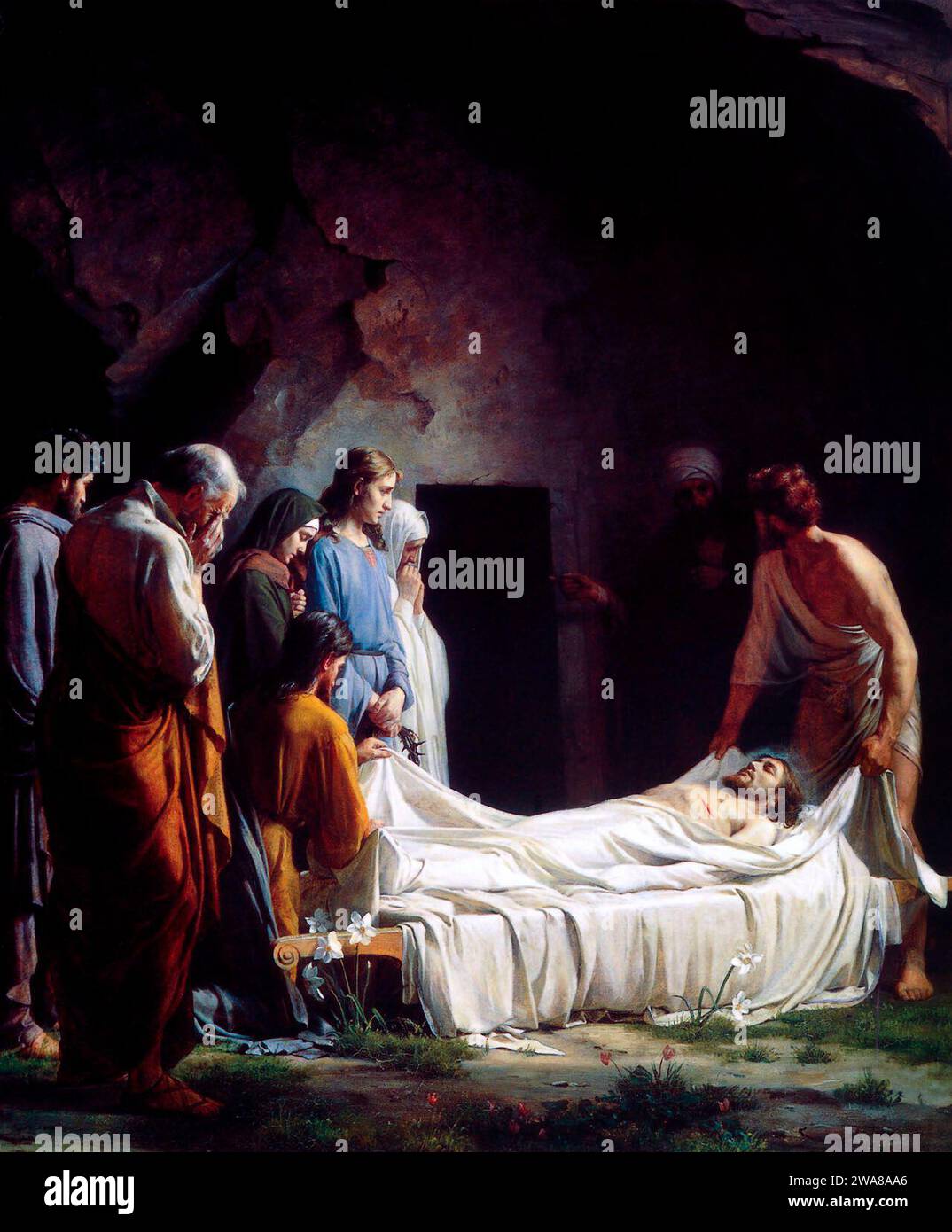 Burial of Christ, Nicodemus depicted on the left, Joseph of Arimathea ...