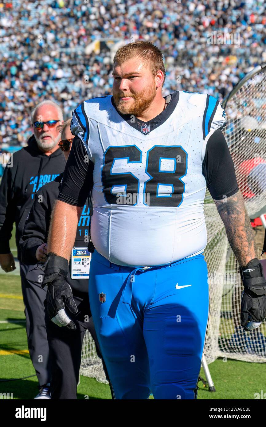 Carolina Panthers guard Cade Mays (68) walks on the sidelines during an ...