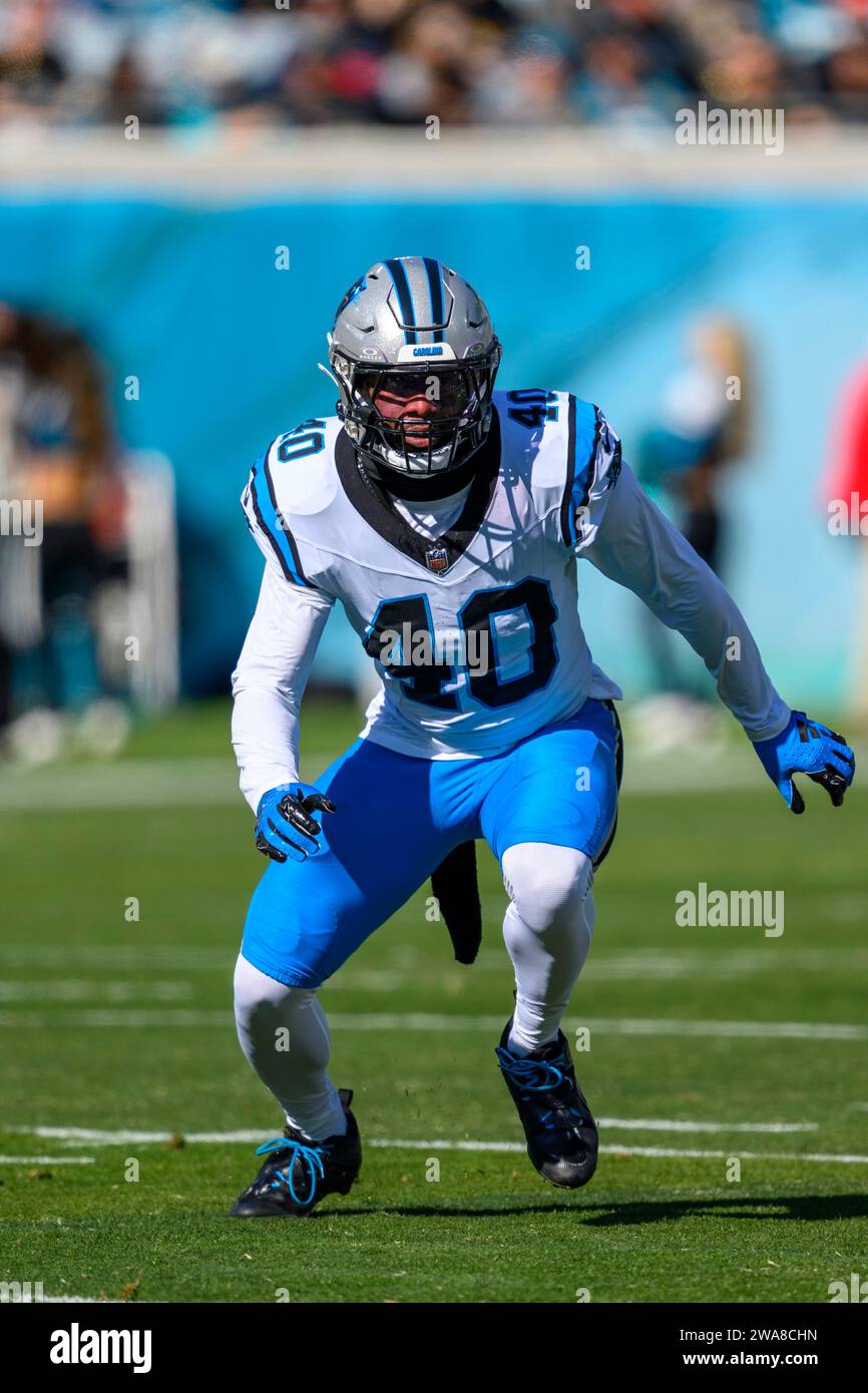 Carolina Panthers linebacker Deion Jones (40) runs a play during an NFL ...