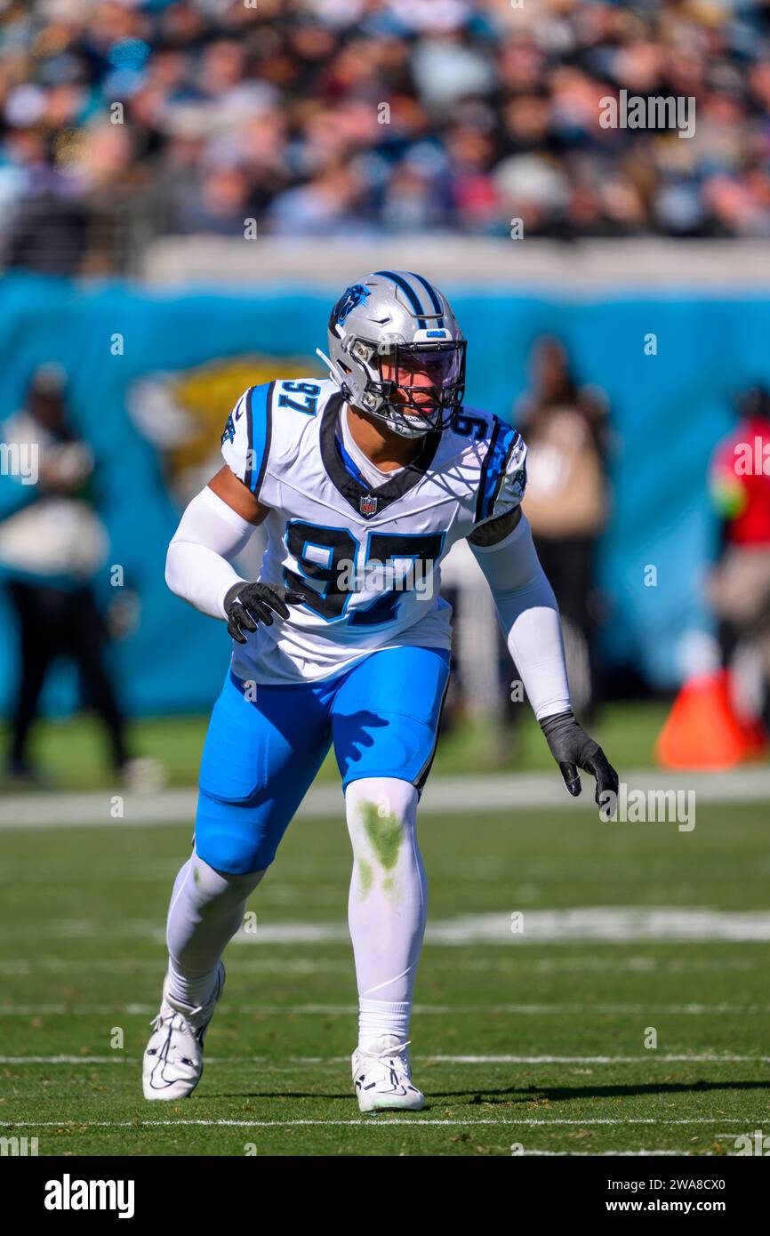 Carolina Panthers linebacker Yetur Gross-Matos (97) runs a play during ...