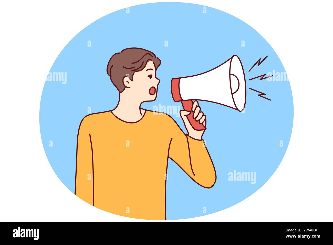 Young man with loudspeaker shouting about deal or promotion. Male hold ...
