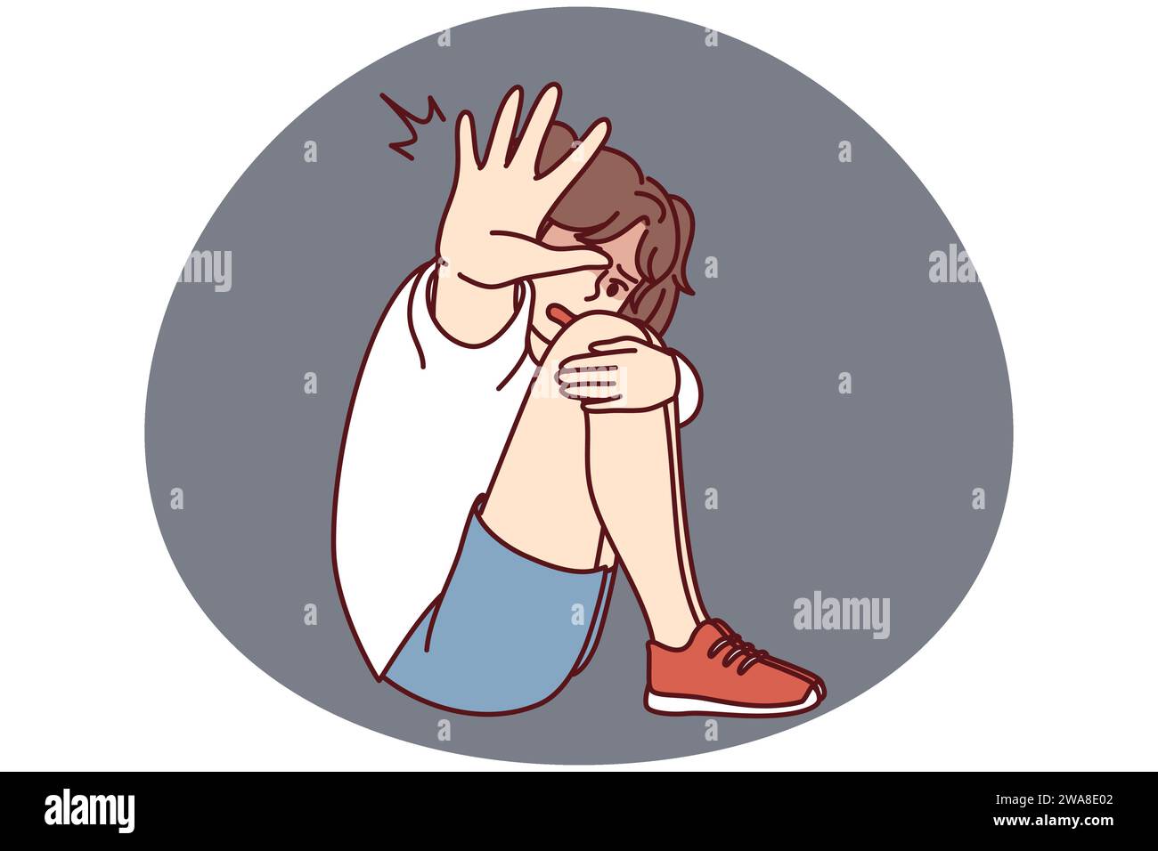 Scared little girl show stop sign protecting. Unhappy terrified child ...