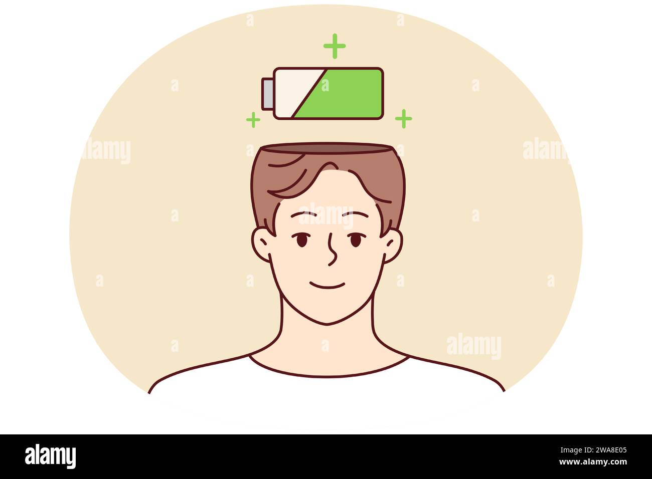 Smiling man with battery above head charging to full capacity. Happy ...