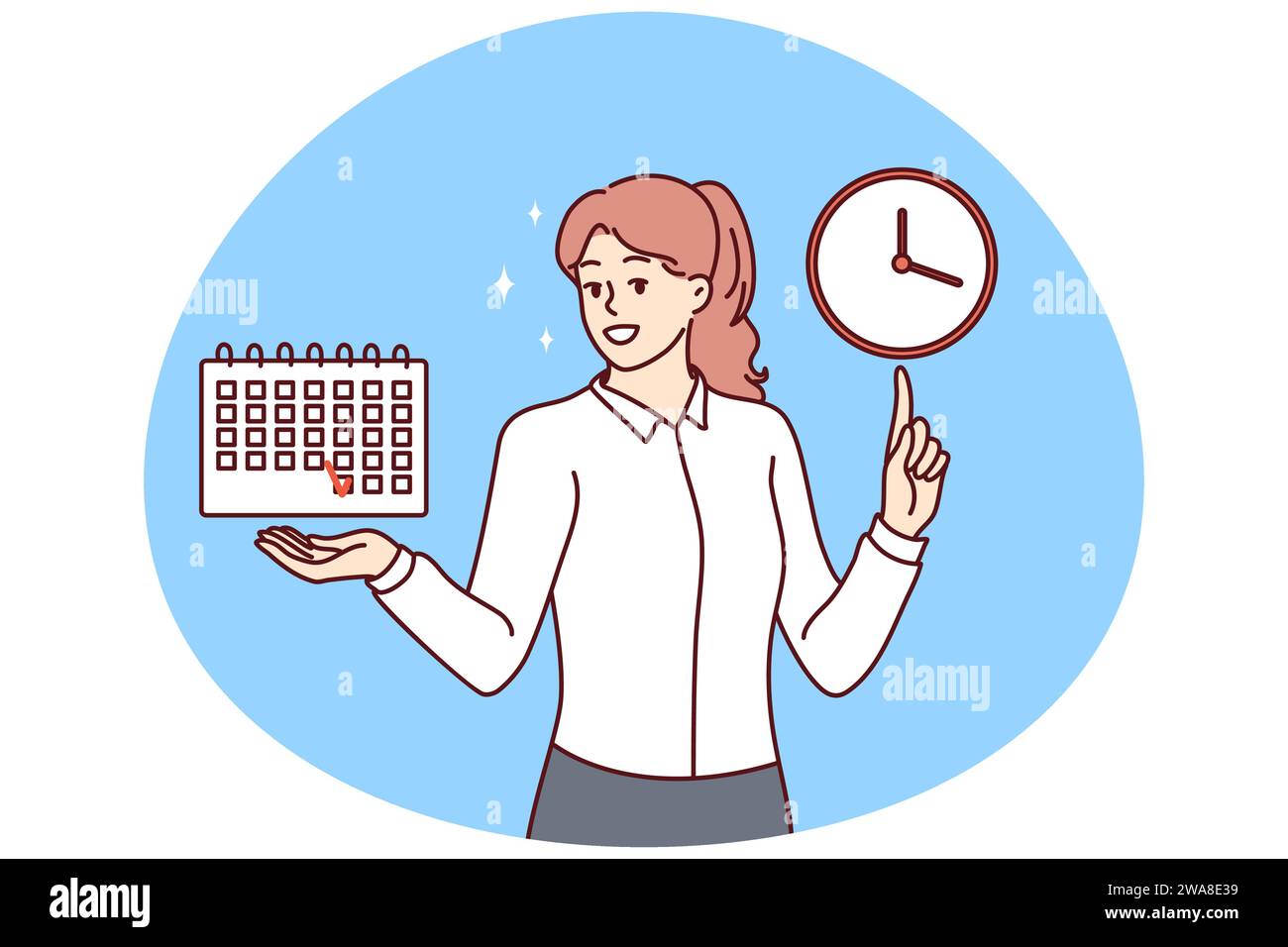 Smiling businesswoman hold finished schedule point at clock. Happy ...