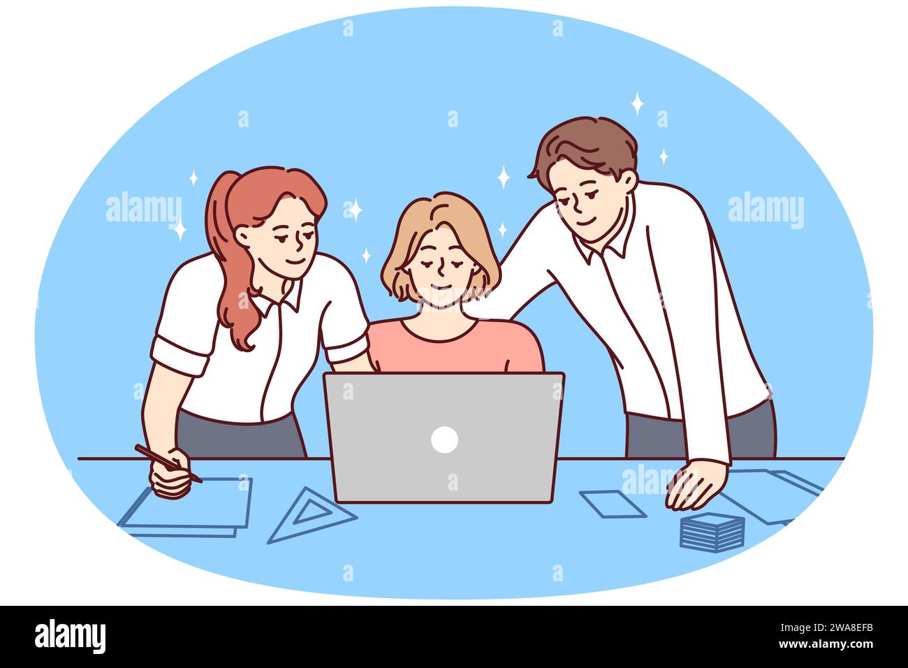 Smiling colleagues look at laptop screen work together on business ...