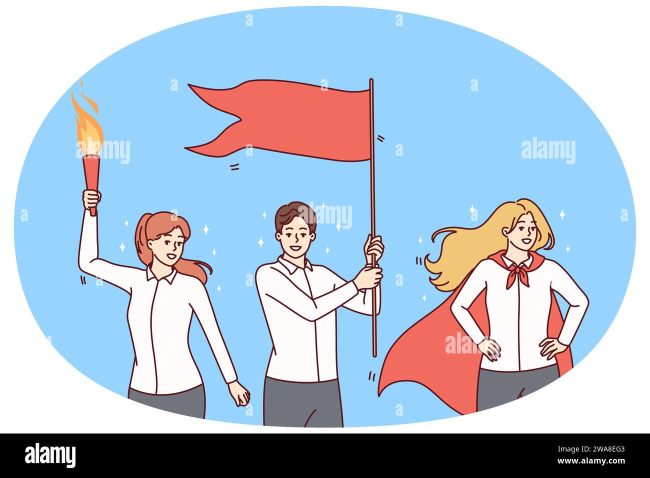 Happy businesspeople with flag and fire celebrate shared business ...