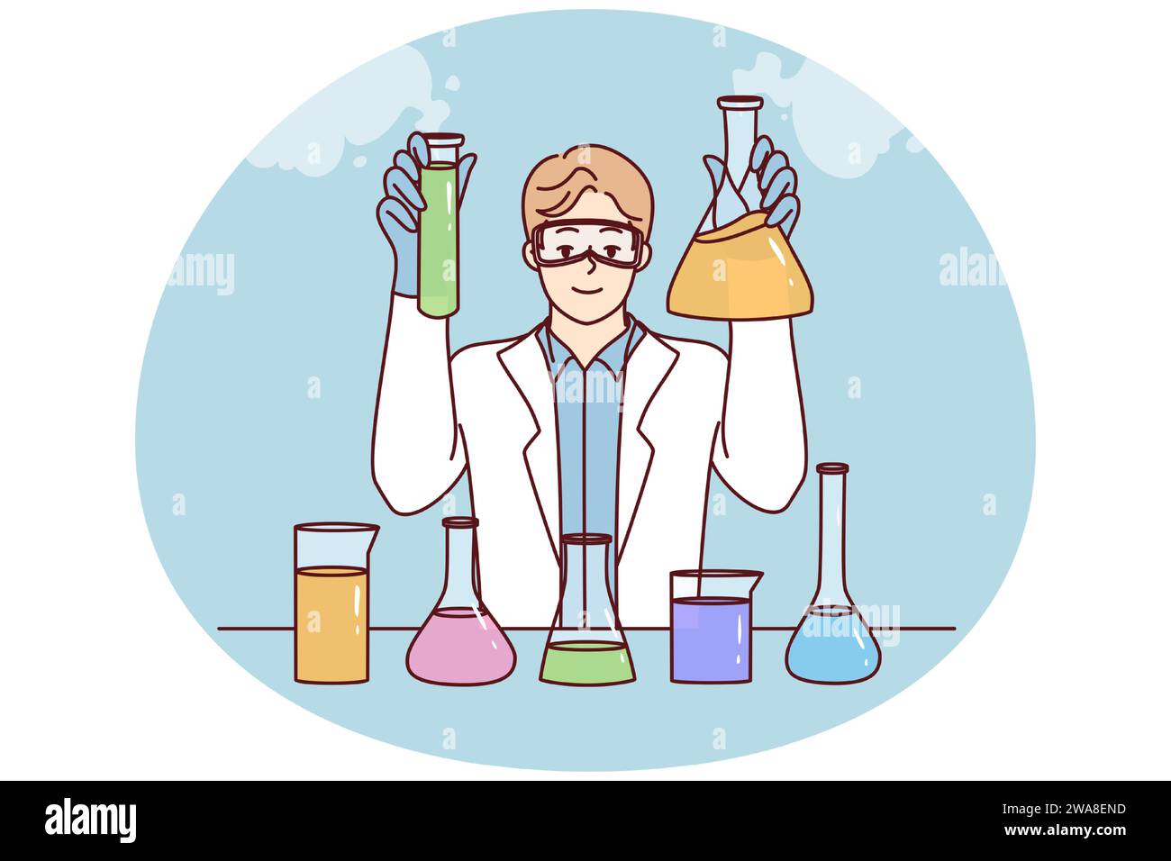 Smiling male researcher in white medical coat make experiments in ...