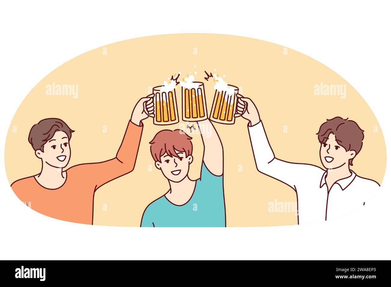 Smiling young men clinking glasses drinking beer together. Happy guys ...