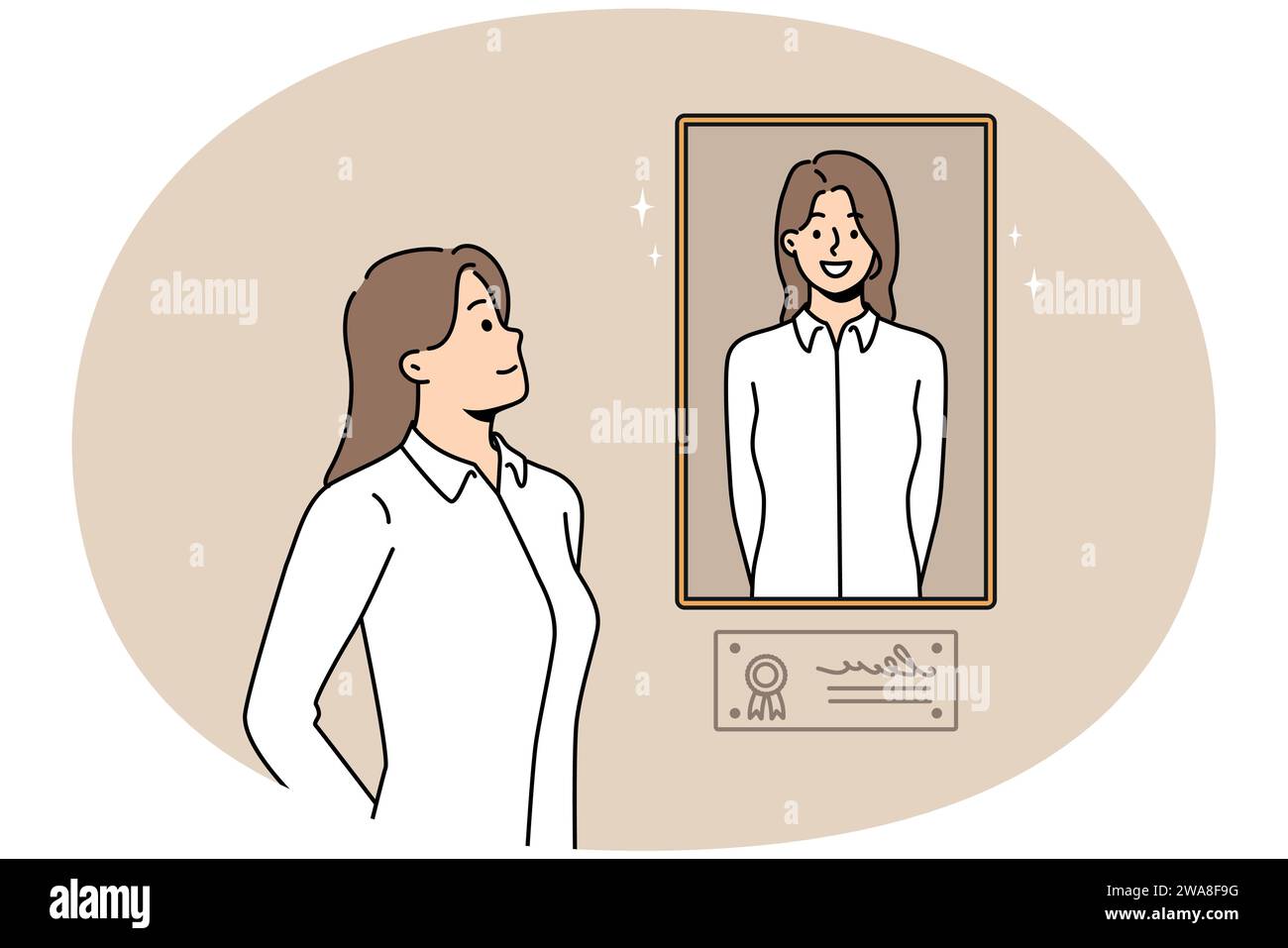 Happy young businesswoman look at picture of herself in frame hanging ...