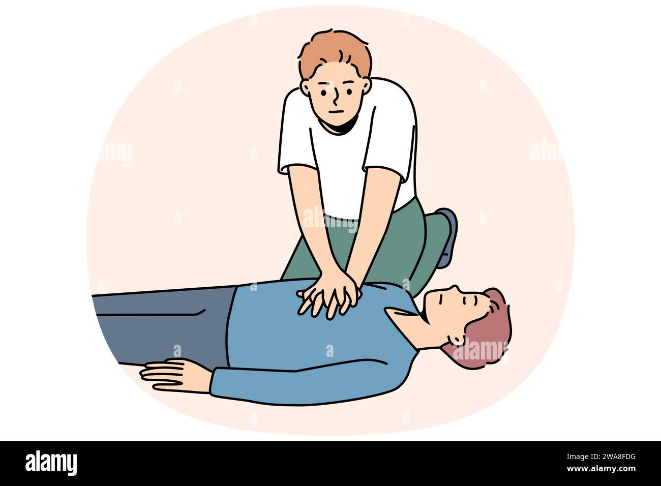 Young man making heart massage to guy lying on ground suffering from ...