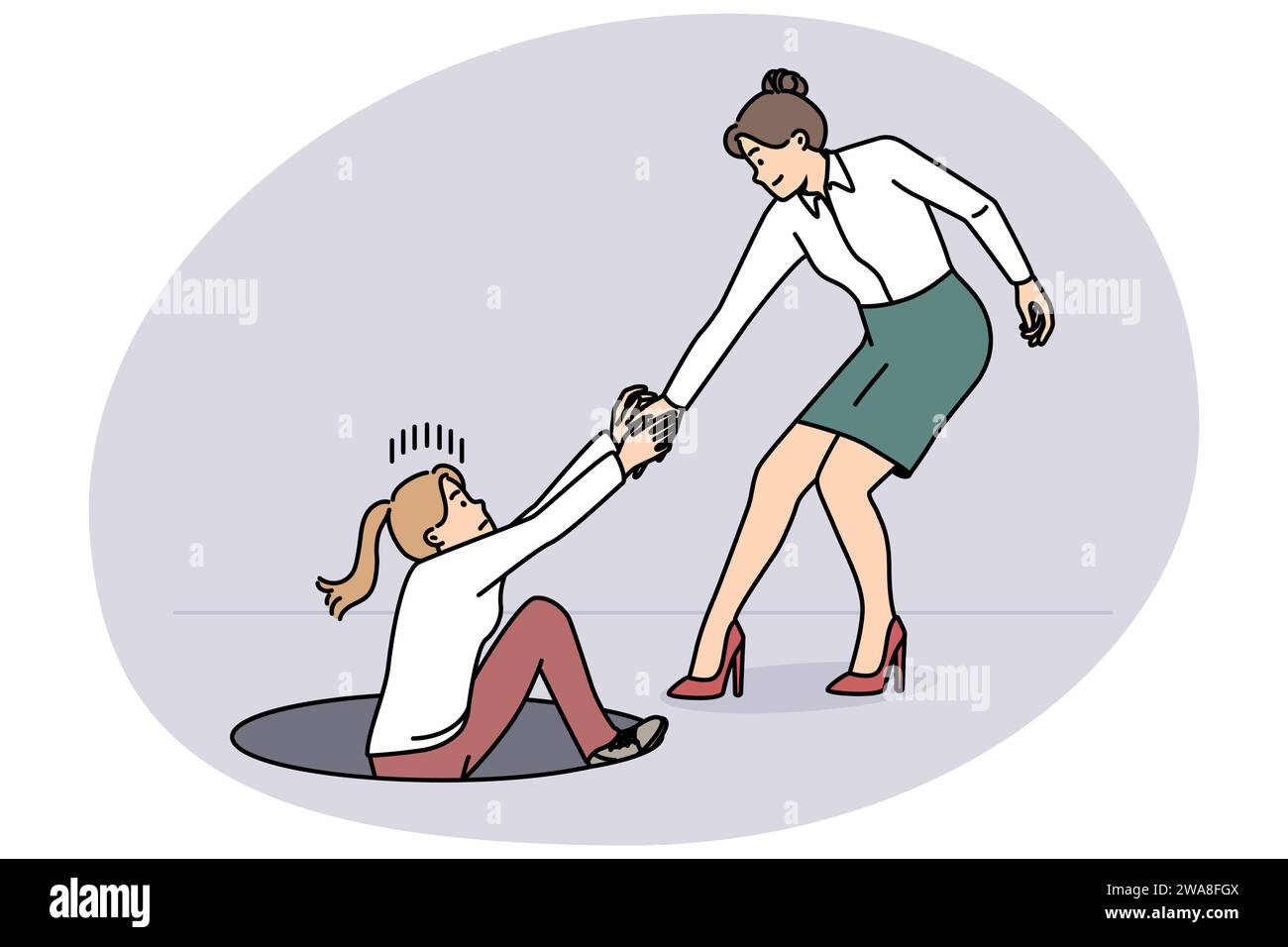 Businesswoman give hand to colleague in need rescue female employee ...
