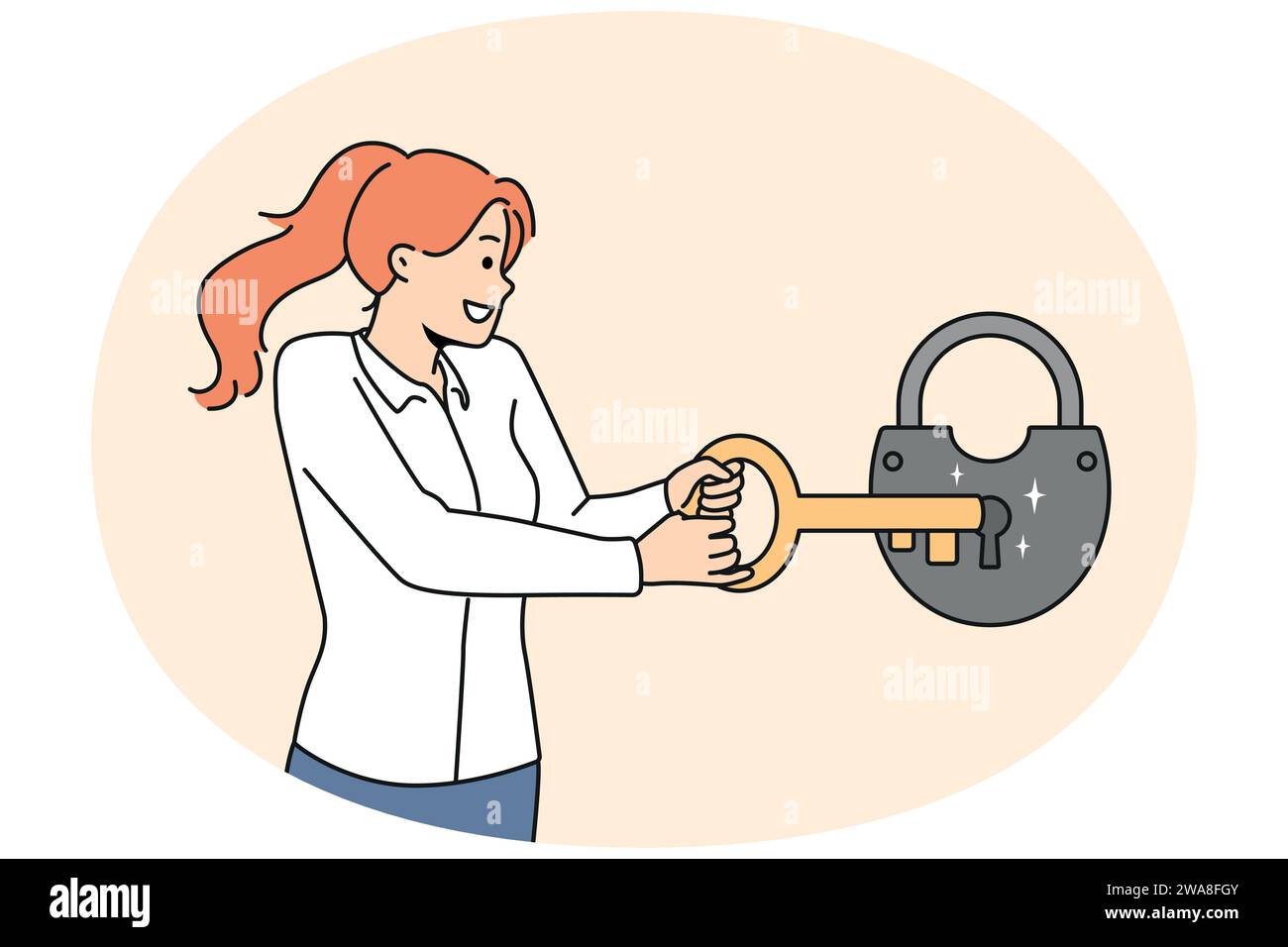 Smiling young woman open lock with huge key. Happy businesswoman use ...