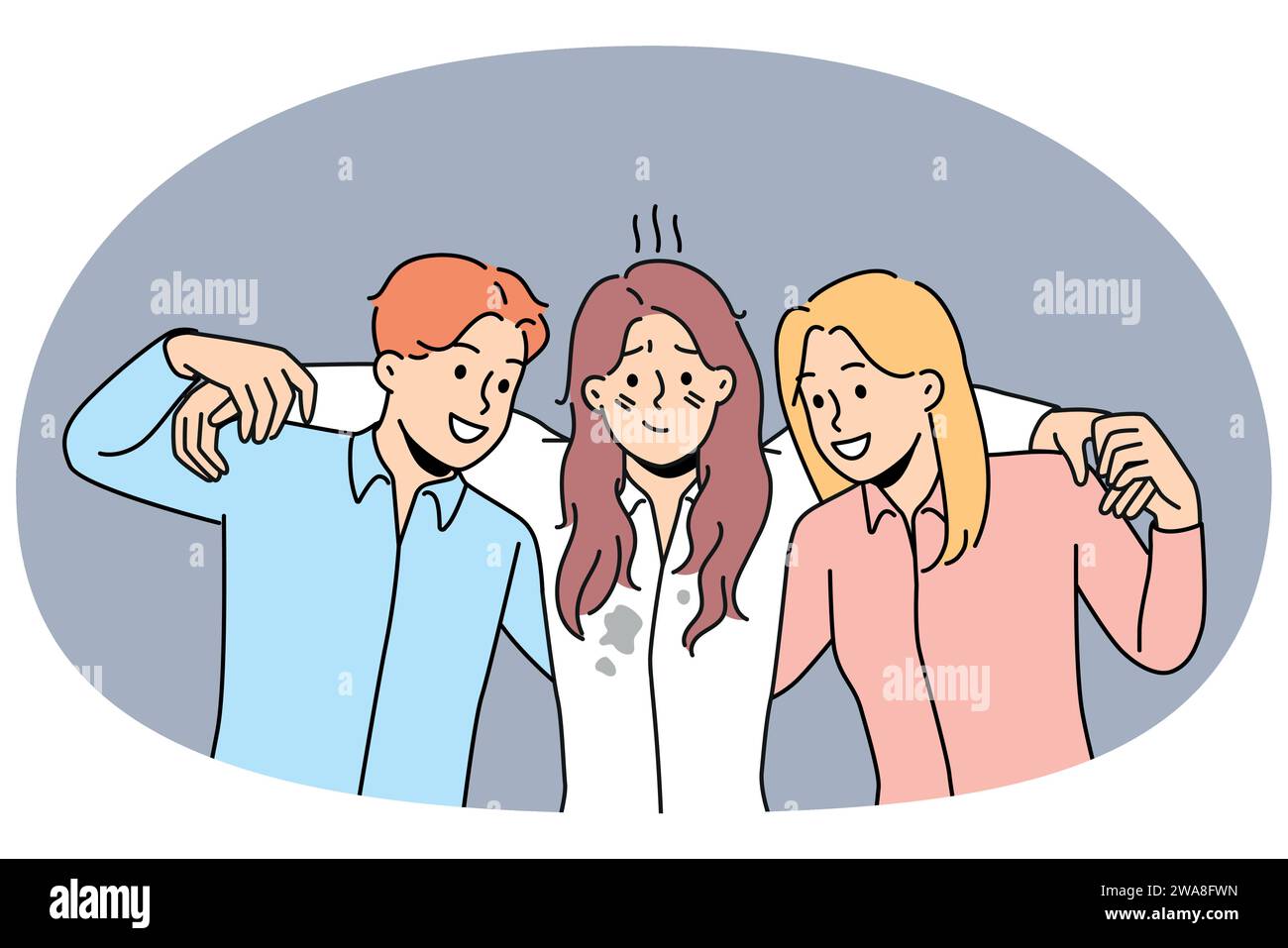 Supportive employees carry unhappy distressed female colleague ...